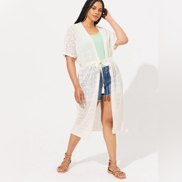 torrid | Sweaters | Torrid Crochet Duster Short Sleeve Tie Waist ...